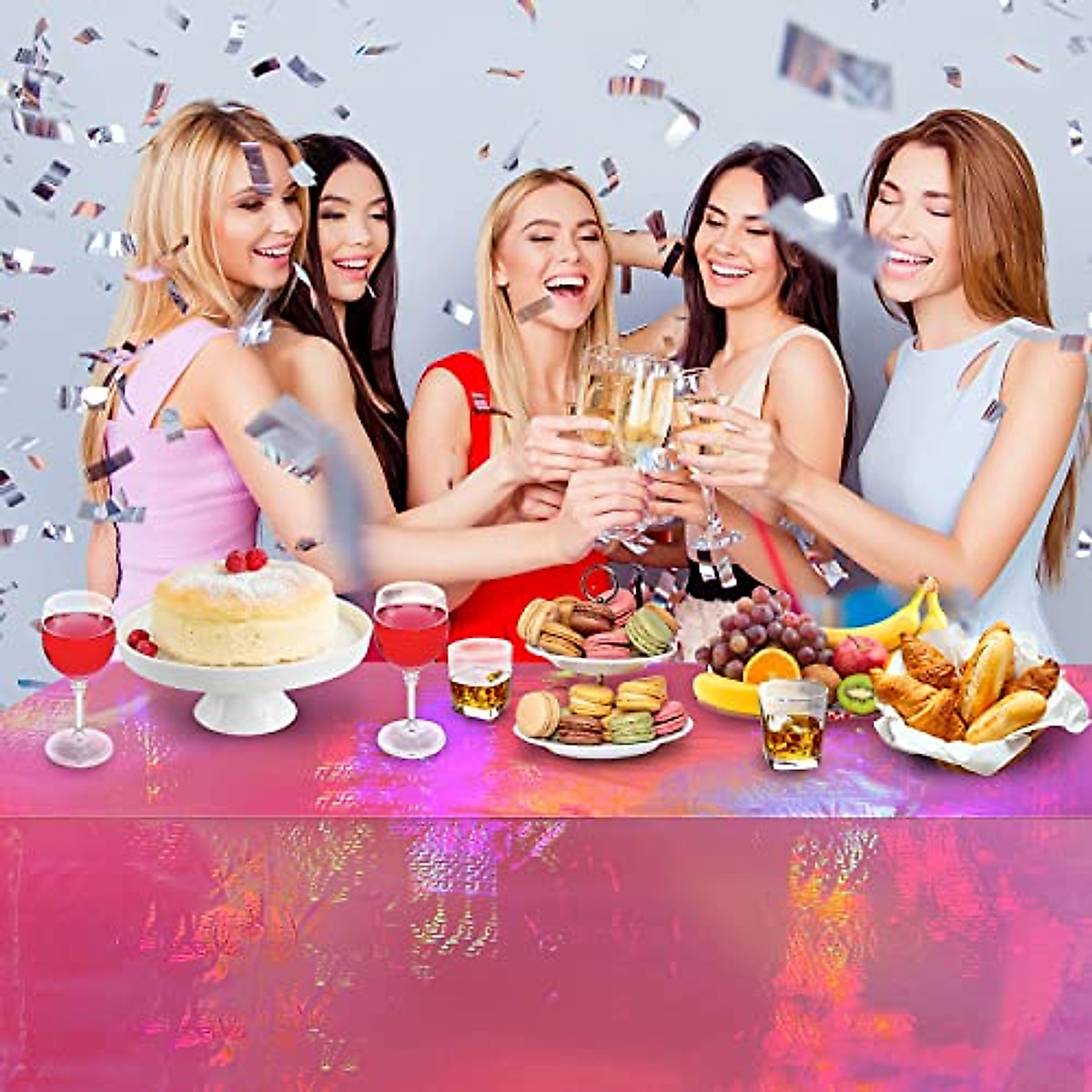 4 Pack Hot Pink Iridescence Plastic Tablecloths Shiny Disposable Laser Rectangle Table Covers Holographic Foil Tablecloth Party Decorations Birthday Bridal Wedding Christmas, 54 x 108 Inch