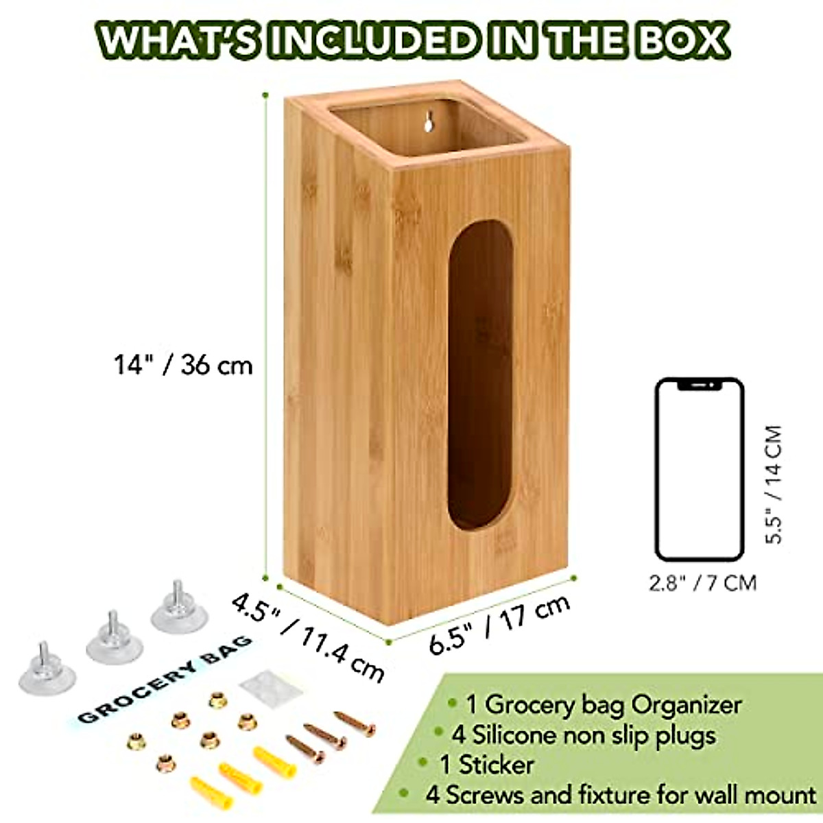 Grocery Bag Dispenser Plastic Bag Holders for Grocery Bags - Bamboo Trash Bag Dispenser, Can Hold 50-60 Used Shopping Bags -Grocery Bag Storage Organizer for Kitchen - Large Opening & Slot - 5"x7"x15”