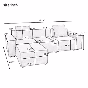 ATY L Shaped Sectional Sofa with Removable Ottomans and 2 Pillows, Living Room Polyester Couch w/Low Backrest & Wide Armrest, for Home, Apartment, Office, Livingroom, Blue Gray