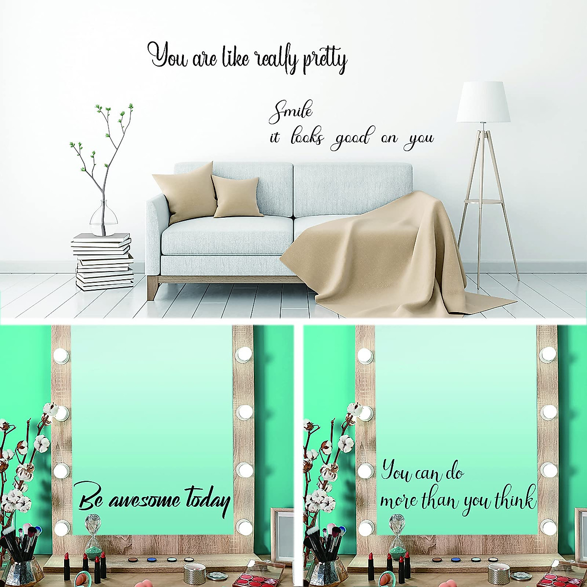 7 Pieces Inspirational Quote Mirror Decals Vinyl Wall Art Be Amazing Today Be Awesome Today Hello Gorgeous Hello Beautiful Decals Motivational Quote Wall Stickers for Bedroom Living Room Decoration