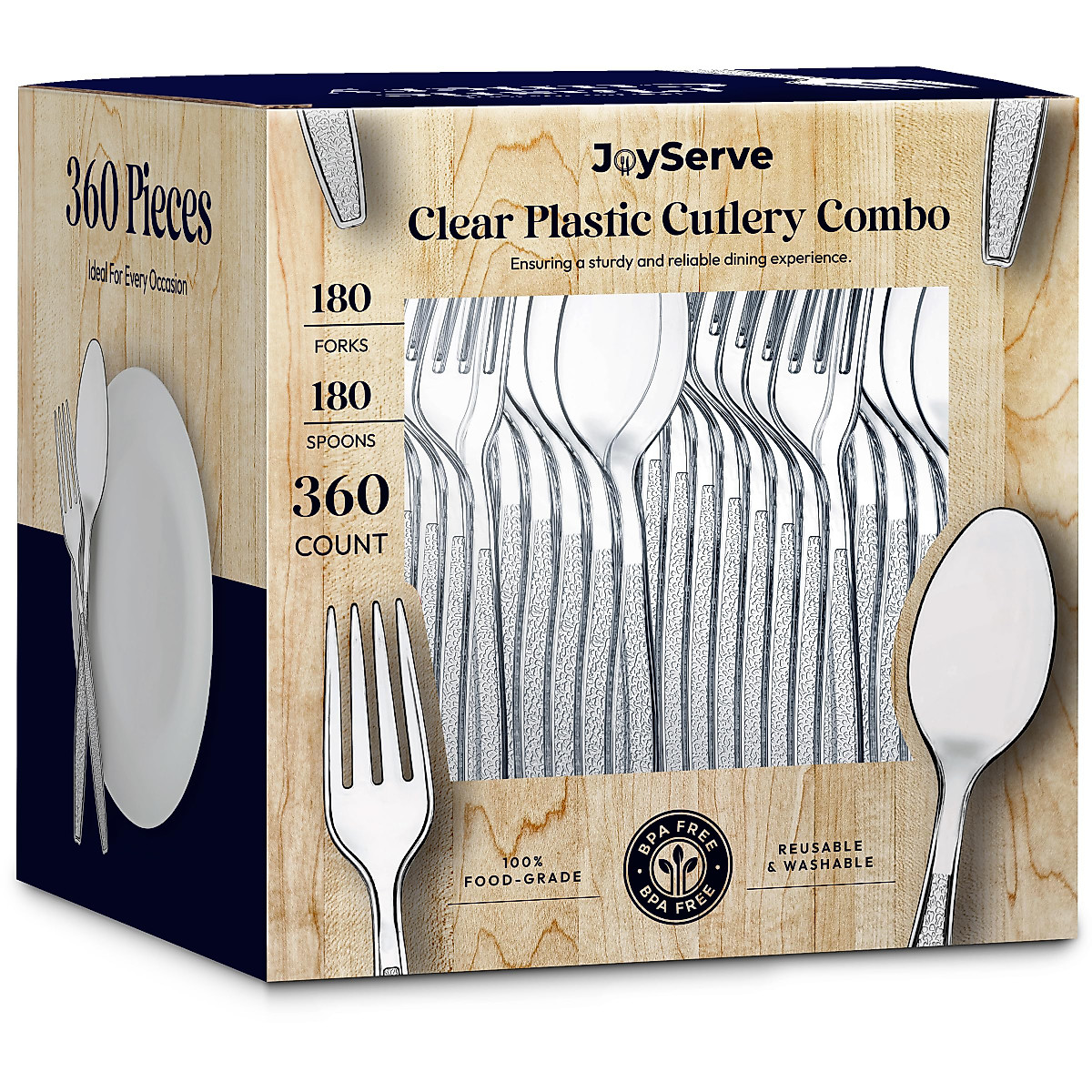Clear Plastic Cutlery Set - (Bulk Pack 360 Pcs) Disposable Plastic Utensils Heavy Duty, 180 Plastic Forks and 180 Spoons, Silverware Sets for Party Supplies, Dinners, Take-Out, Catering, Food Services