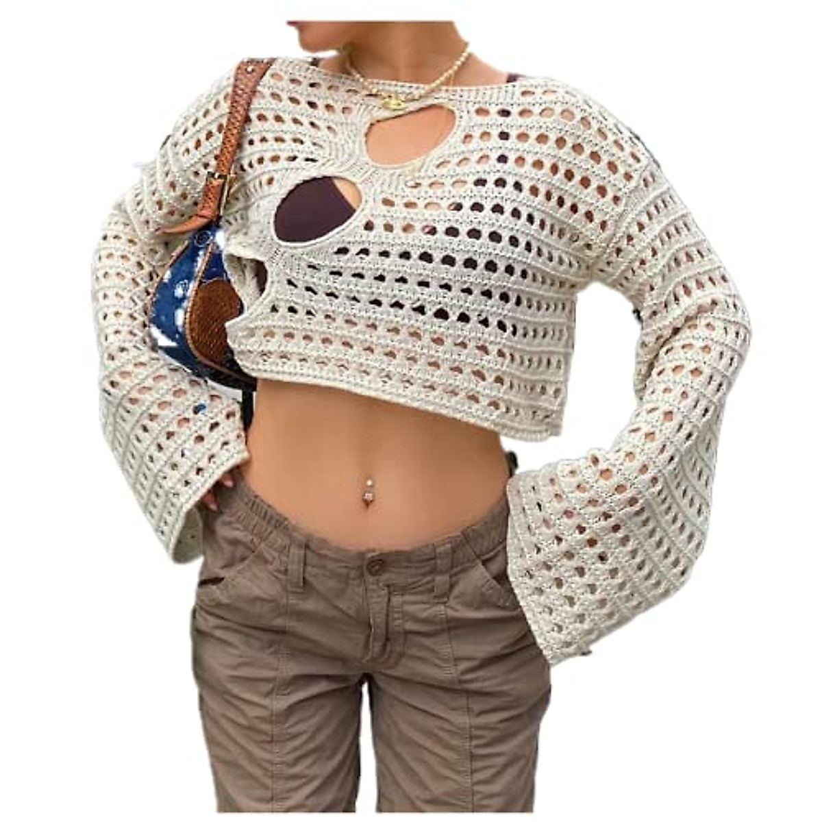 Women Hollow Out Crochet Knit Crop Tops Color Block Long Sleeve Square Neck Fall Sweaters Tops