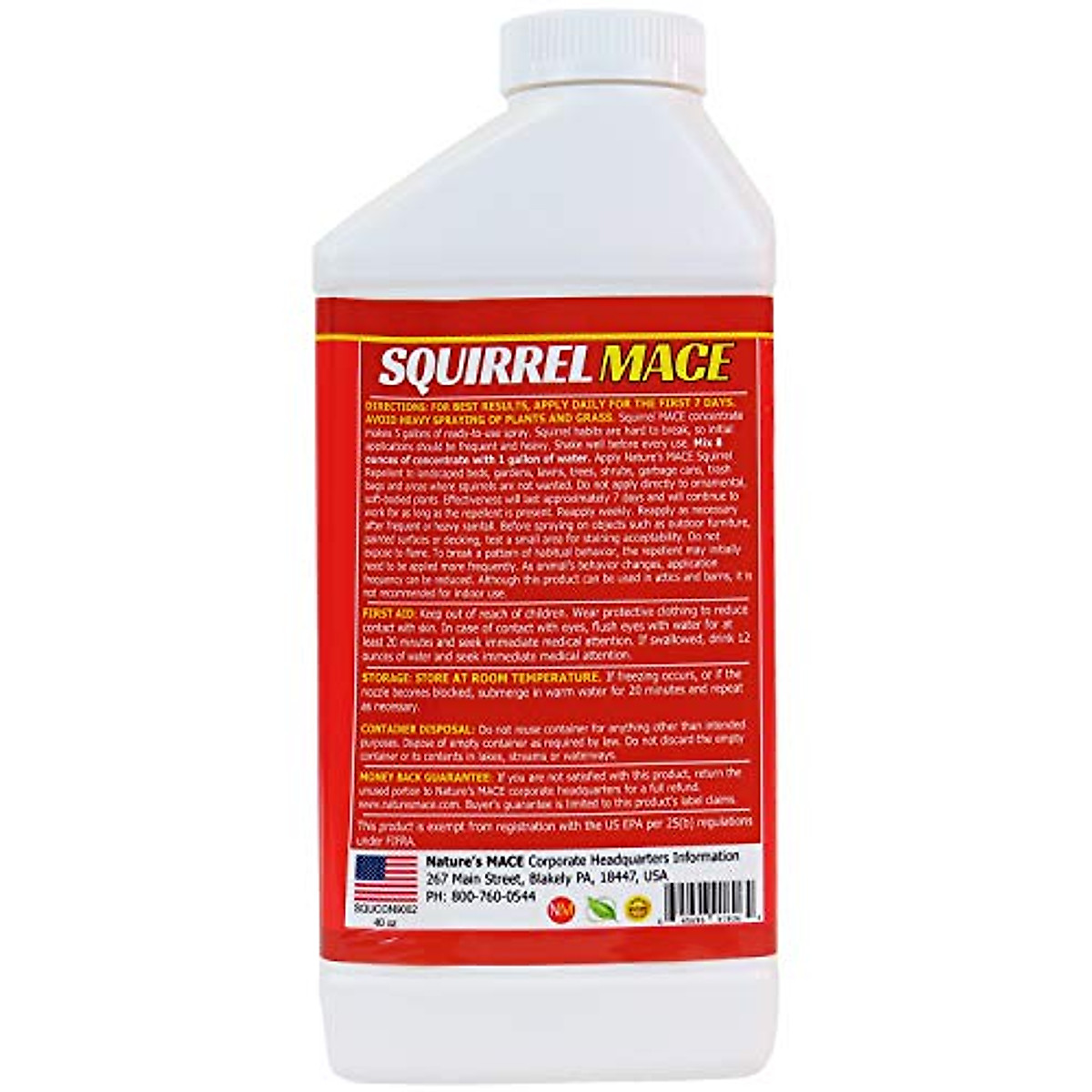 Nature's MACE Squirrel Repellent 40oz Concentrate/Covers 28,000 Sq Ft/Keep Squirrels & Chipmunks from Destroying Trees, Planters and Bird Feeders/Safe to use Around Children & Plants