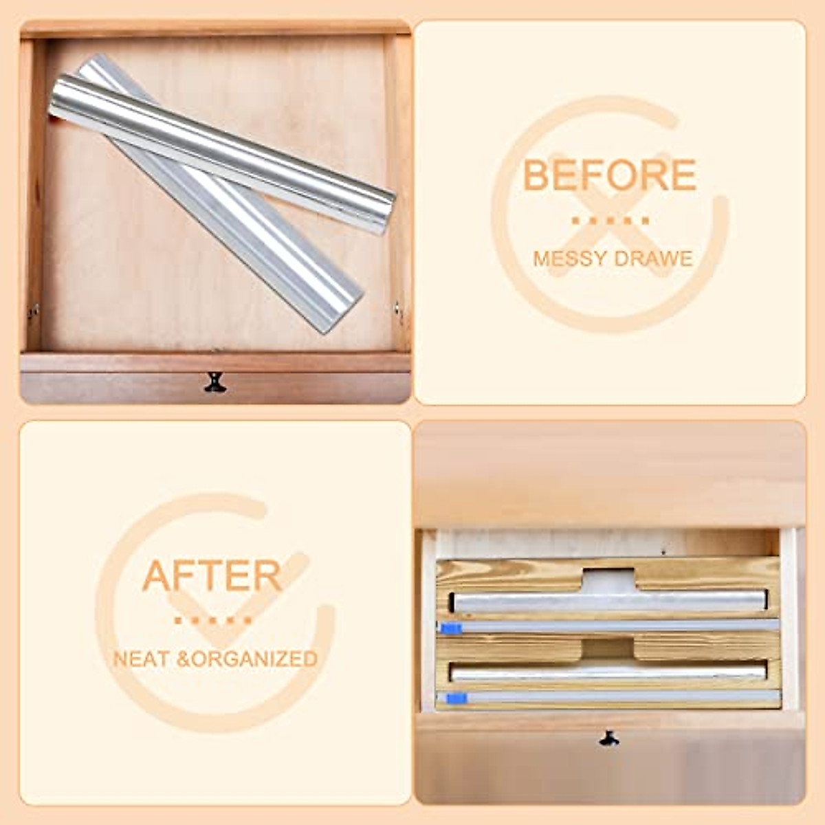 2 in 1 Wood Plastic Wrap Dispenser with Cutter, Foil Plastic Wrap Roll Organizer for Kitchen Drawer, Aluminum Foil, Wax Paper, Parchment, Saran Wrap Dispenser for Organization and Storage