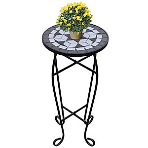 SecondBoy Black White Finish Outdoor Side Table Patio Table Garden Plant Stand Iron Frame Scroll Leg Round Top Ceramic Geometric Mosaic