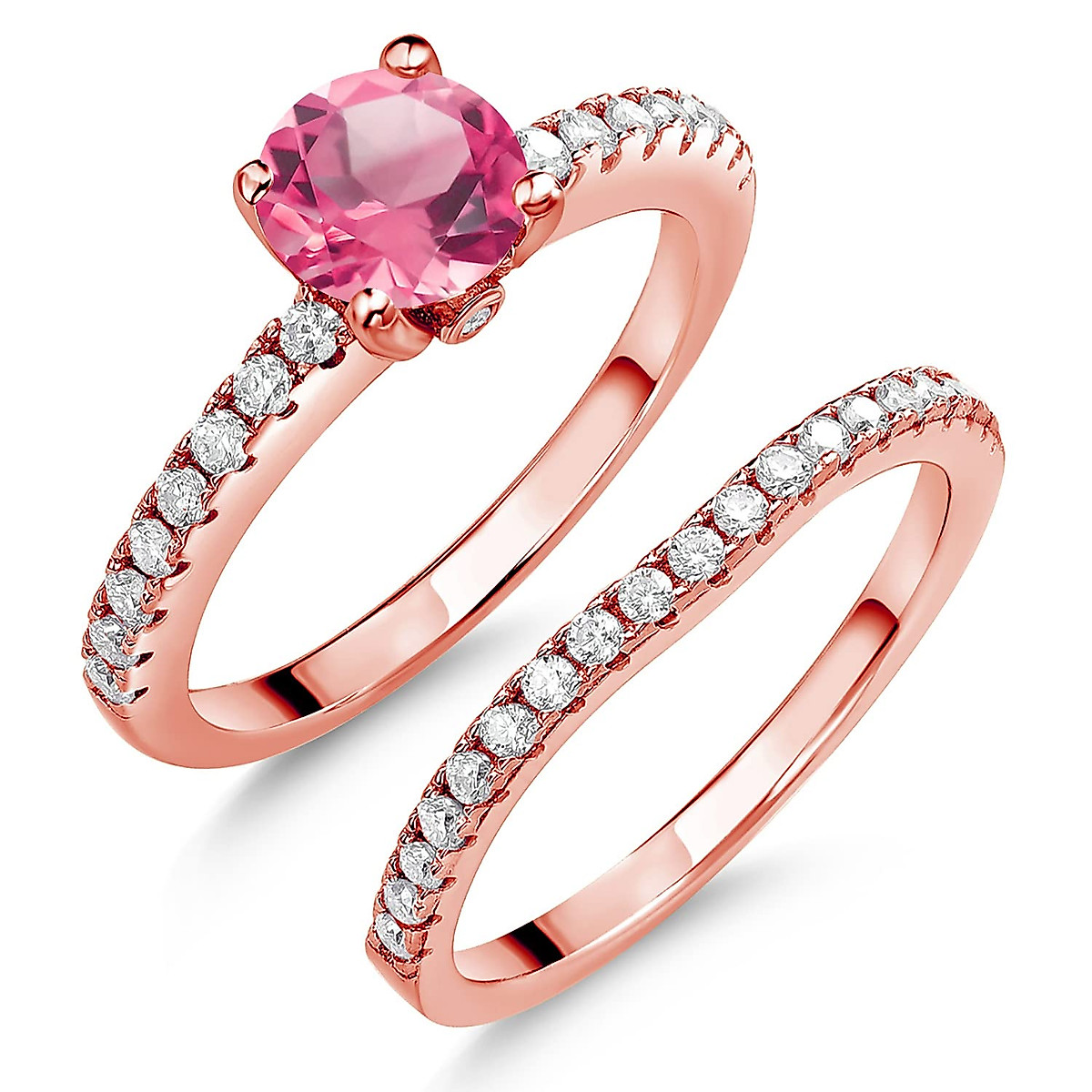 Gem Stone King 18K Rose Gold Plated Silver Pink Mystic Topaz and White Moissanite Wedding Engagement Band Bridal Set Ring For Women (1.99 Cttw, Gemstone, Available In Size 5, 6, 7, 8, 9)