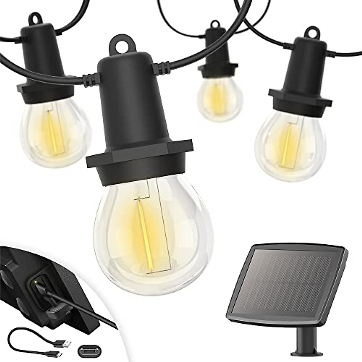 Sunnyload Solar String Lights Outdoor Waterproof, 48ft Solar Powered Lights with Shatterproof 15+1 G40 LED Bulbs, USB Rechargeable 4 Modes Dimmable for Balcony Patio Garden