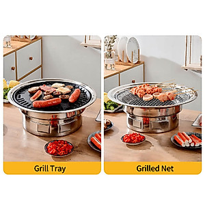 XIXIAN 13 Inch Korean BBQ Grill Multifunctional Charcoal Barbecue Grill Round Camping Grill Stove Tabletop Smoker Grill Grilled Net & Tray for Courtyard Picnic Beach BBQ