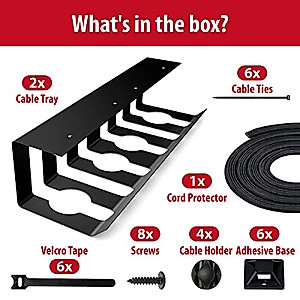 OASHISU 2Pack Under Desk Cable Management Tray in Steel with Cord Management Organizer Kit Cable Sleeves Cable Clips Holder Self Adhesive Tie Fastening Cable Ties for Office & Home Black Cable Raceway