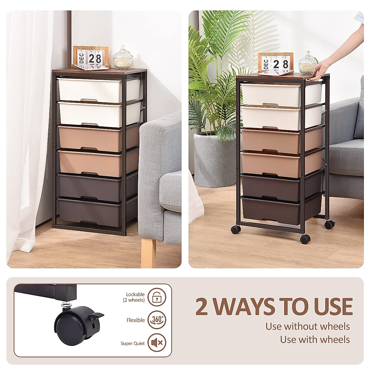 TOOLF Rolling Storage Cart with 6 Drawers,Utility Cart with Drawers and Wooden Tabletop,Storage Dresser for Bedroom,Tall Nightstand for Dorm with Large Capacity,Brown