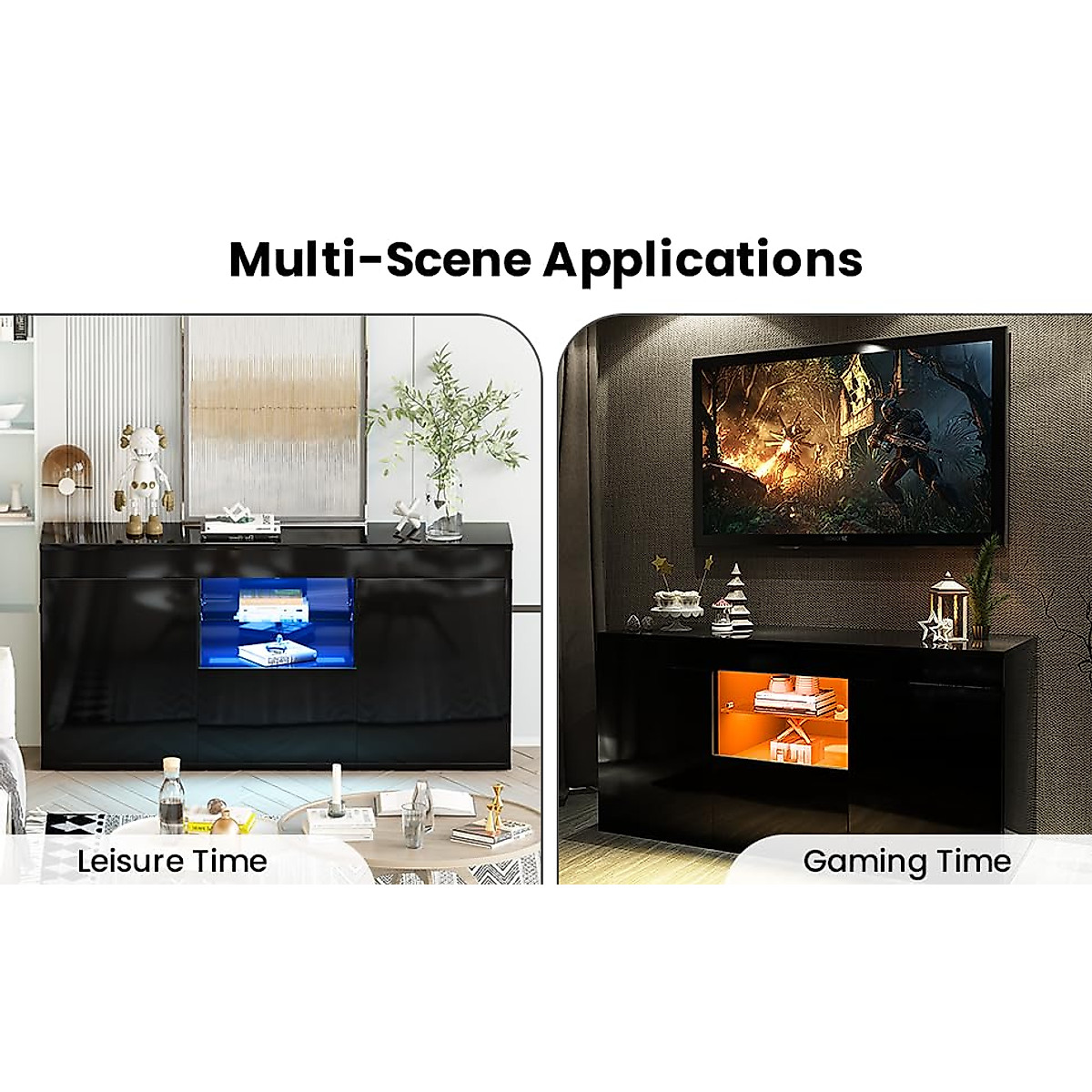 Lamerge Sideboard Buffet Cabinet,Led TV Stand with Storage,High Glossy Panel, UV Coated,TV Table,Kitchen Cabinet, Bar Cabinet. 53.1" L×13" W×28" H,Black