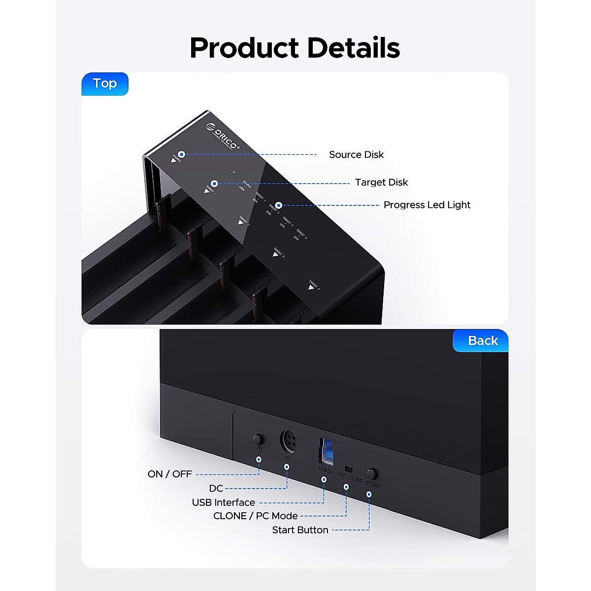 ORICO 5-Bay Hard Drive Docking Station with Offline Cloning - SATA to USB 3.0 HDD Dock for 3.5" Drives, Expandable Storage up to 90TB, Includes 12V/6.5A Power Adapter, Black (6558US3-C)