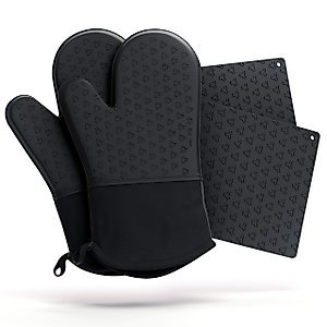 Cosy House Collection 4-Piece Oven Mitt & Pot Holder Set - 500°F Heat Resistant Trivet Cooking Gloves - Flexible, Durable & Comfortable Long-Lasting Silicone - Cooking, Baking & Grilling (Black)