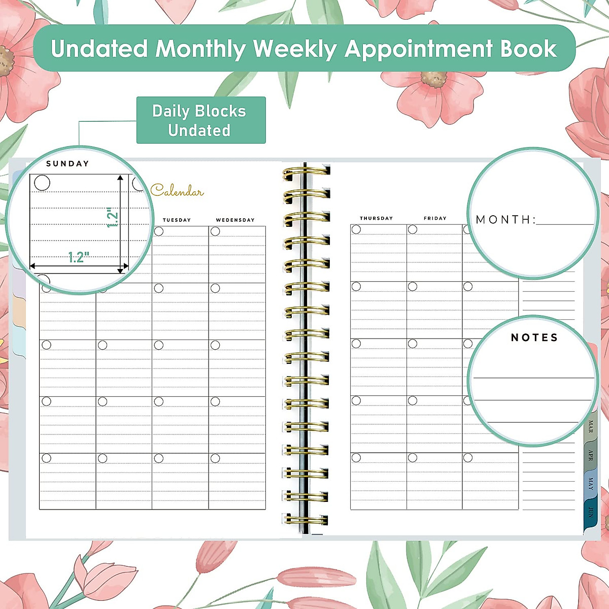 Undated Monthly Weekly Planner/Calendar, Monthly Planner with Daily Agenda & Hourly Schedules, 2023 July-2024 July Academic Work Planner, 12 Monthly Tabs, 8.4" x 6.3", Twin-Wire Binding (flower)