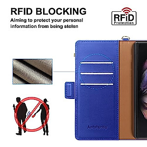 Antsturdy Samsung Galaxy Z Fold 3 5G Wallet with Card Holder for Women Men,Galaxy Z Fold 3 Phone case RFID Blocking PU Leather Flip Shockproof Cover with Strap Zipper Credit Card Slots,Purple Blue