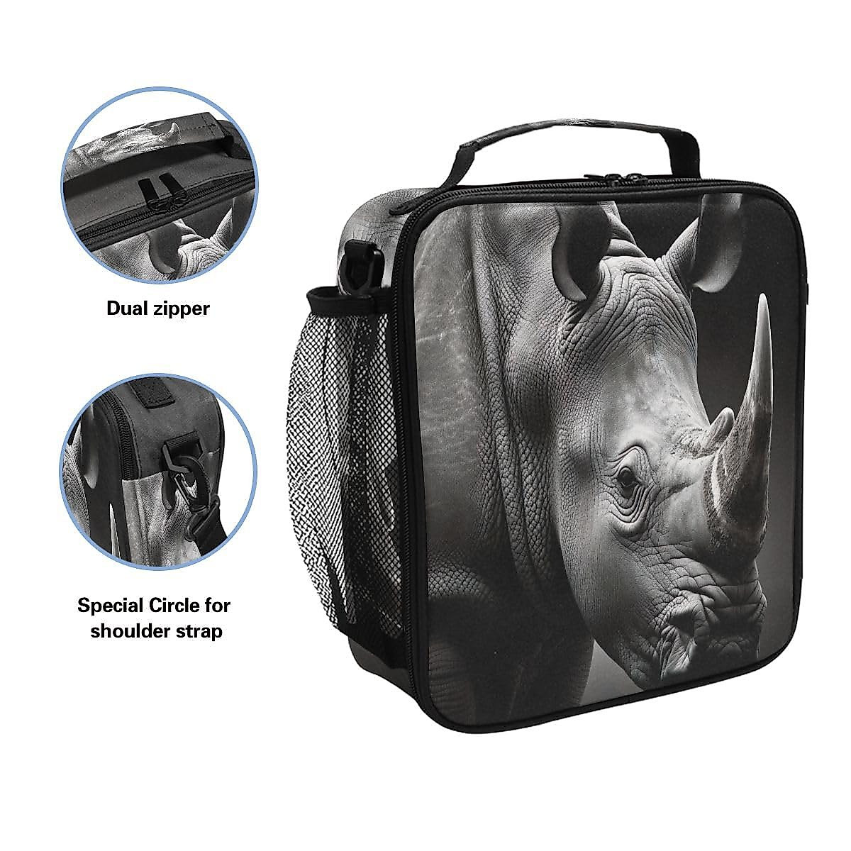 Kigai High Alert Rhino School Lunchbox for Boys Girls,Insulated Lunch Tote Bag with Adjustable Strap,Leakproof and Durable Lunch Cooler for Work Office
