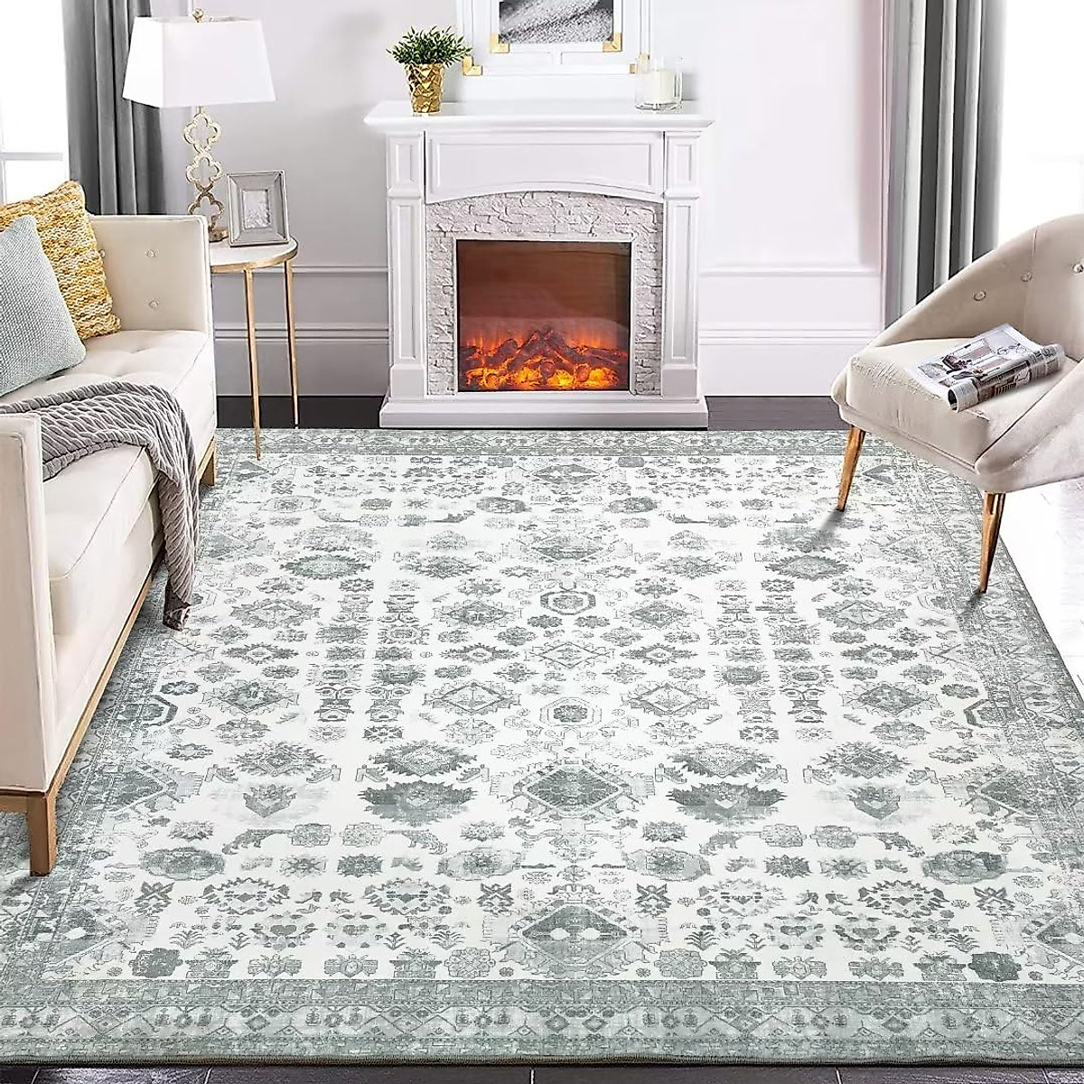 GAOMON Area Rug 9x12 Distressed Wahable Rug Vintage Tribal Medallion Large Rug Non Slip Washable Rug Accent Rug for Living Room Dining Room Office, Grey