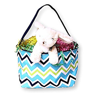 Zig Zag Chevron Material Easter Basket Bucket for Toys Egg Hunting Party (Blue Chevron with Embroidered Name)