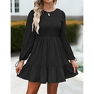 ZESICA Women's Long Sleeve Smocked Dress Spring Casual Crew Neck Tiered Swing Cocktail Wedding Party Mini Dresses,Black,Medium