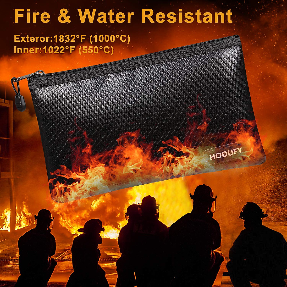 Hodufy Fireproof Money Bag, 10.6"x6.7" Fireproof and Waterproof Cash Bag, 5" x 8" Small Fireproof Bag, Fireproof Bank Bag, Fireproof Safe Storage Pouch Envelope for Document, Bank Deposit,Passport