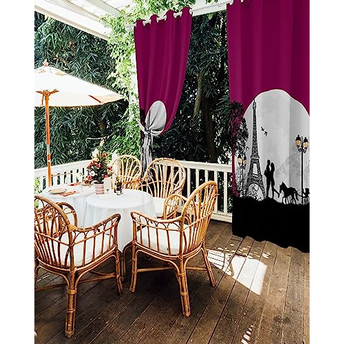 Outdoor Curtains for Patio 2 Panels Set Lovers Carriage and Eiffel Tower Under the Moon Waterproof Privacy Outside Curtain Sun Blocking Grommet Drapes for Porch Gazebo Pergolas Balcony 52x84 Inch