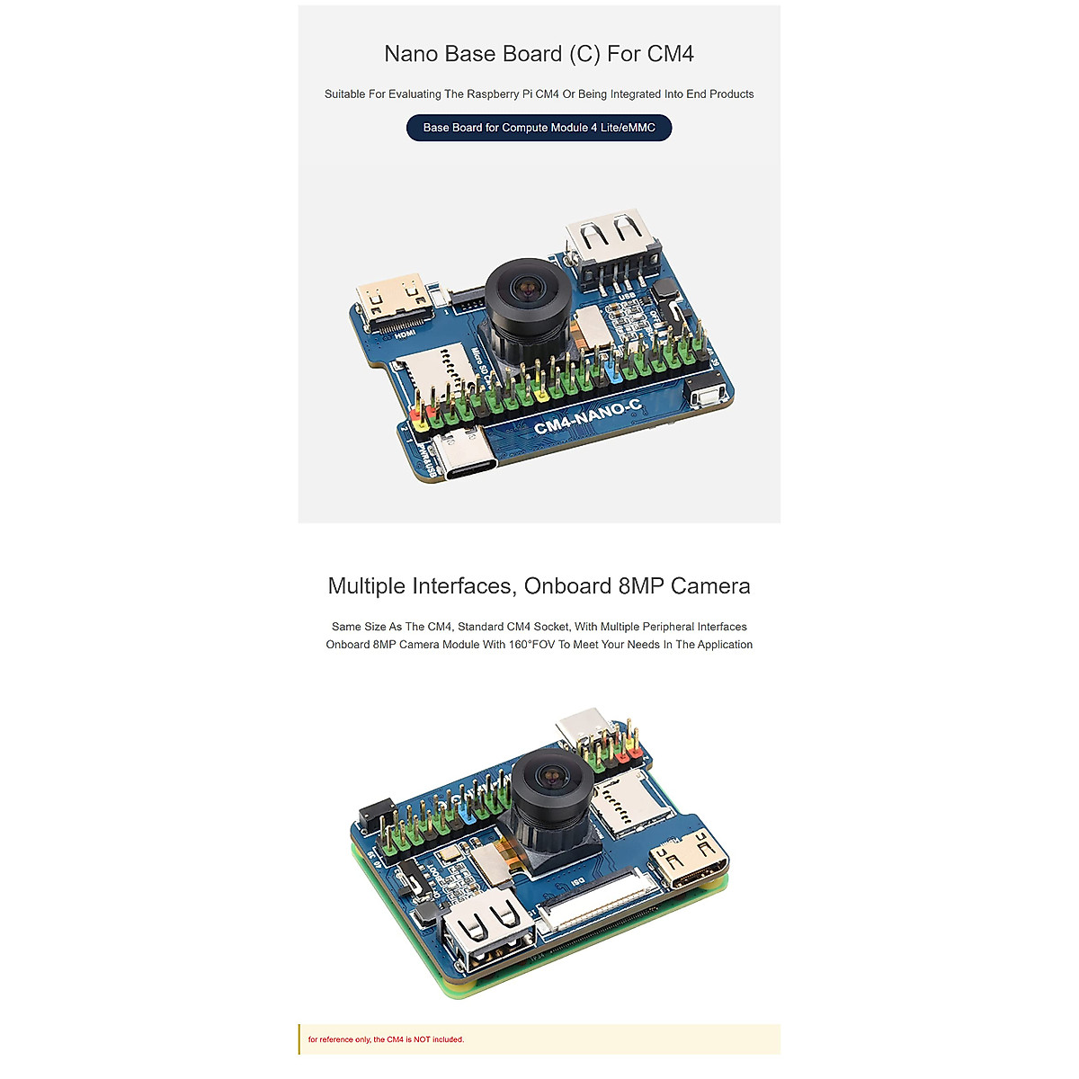 Nano Base Board C Version for Raspberry Pi Compute Module 4 Lite/eMMC (CM4 not Include), with 8MP 160°FOV Camera, Same Size As The CM4