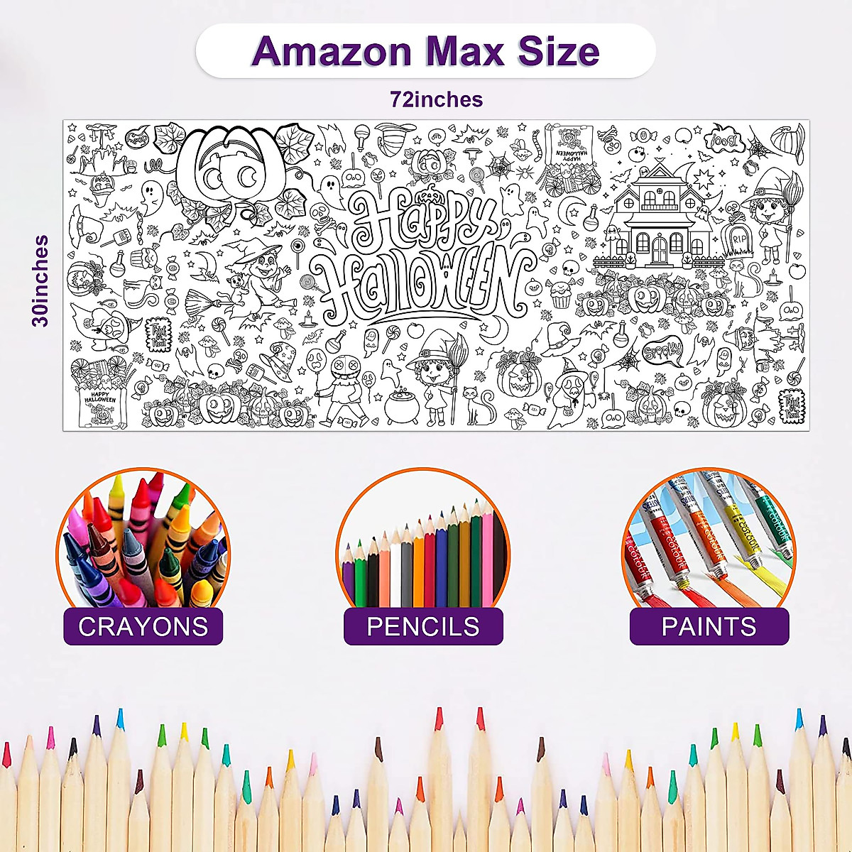 OHOME Halloween Giant Coloring Poster/Tablecloth-Halloween Crafts for Kids-30 x 72 Inches Jumbo Paper Coloring Banner Gifts for Kids Activities Games Toys Party Favors- Halloween Party Decorations