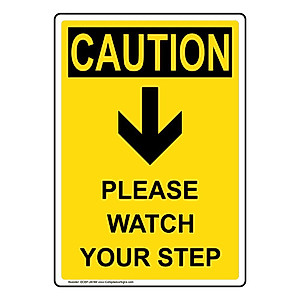 ComplianceSigns.com Vertical Caution Please Watch Your Step OSHA Label Decal, 5x3.5 inch 4-Pack Vinyl for Industrial Notices
