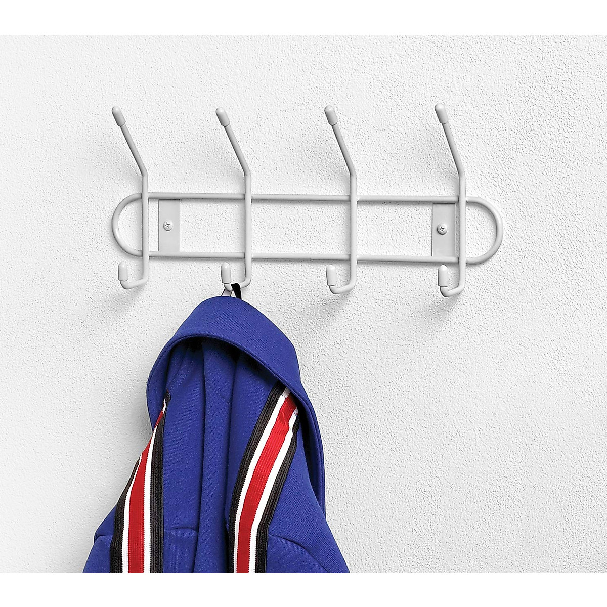 Spectrum Diversified 4 Mounted Double Hook, Sturdy Steel Wall Storage, Coat Rack with Rubberized Ends, Closet & Garage Organization, White