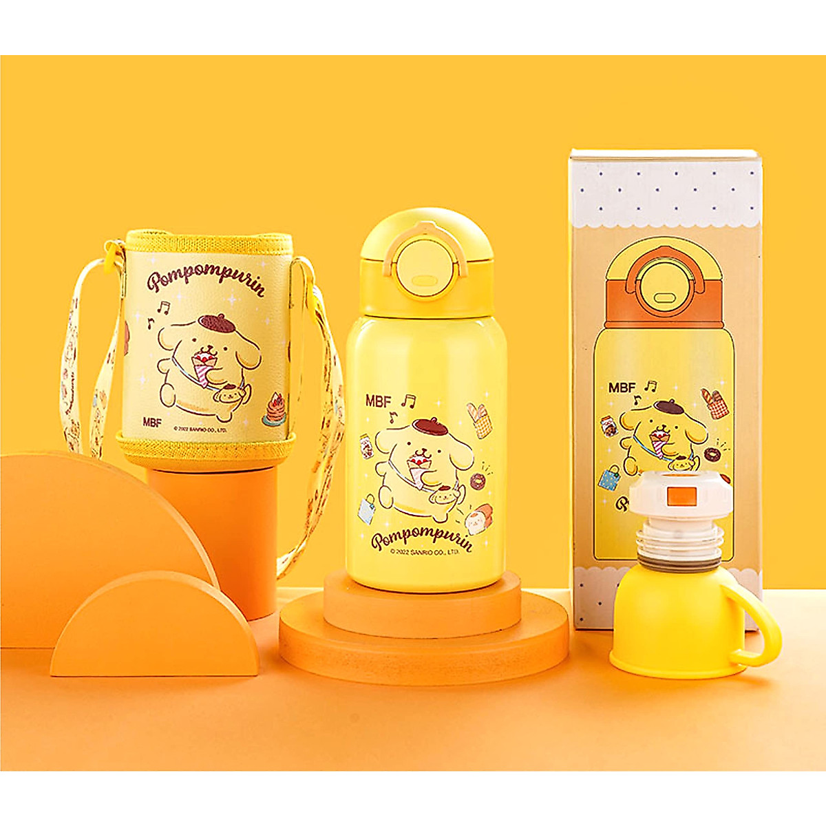Everyday Delights Sanrio Pom Pom Purin Stainless Steel Insulated Water Bottle with Cup, Straw and Bag 500ml - Yellow (PN2140)