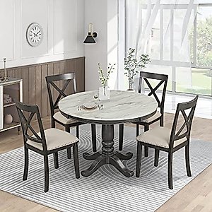 GLORHOME 5-Piece Set for 4 Top Round Dining Table and X Back Wood Chairs for Kitchen Family, Gray Marble