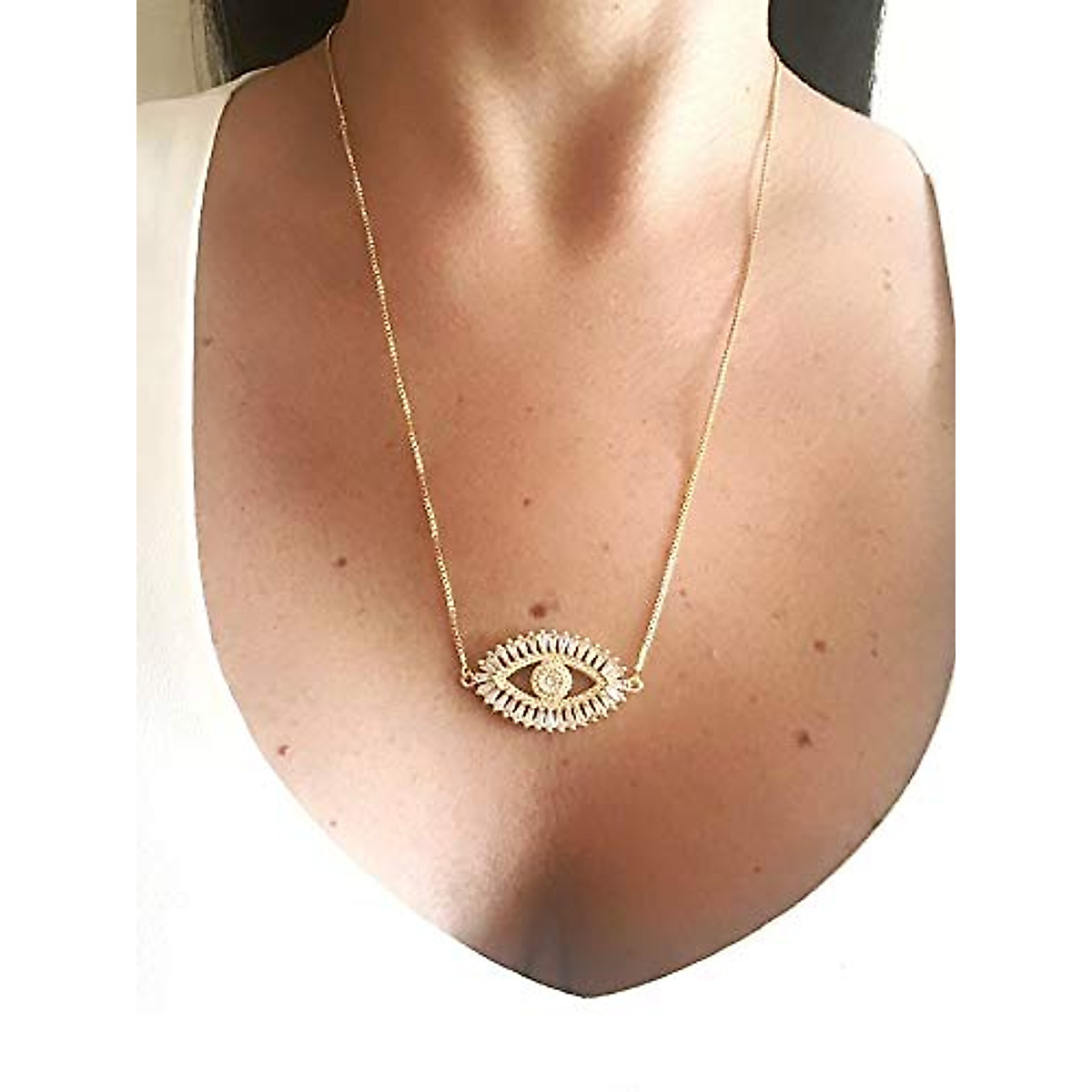 LESLIE BOULES Gold Evil Eye Necklace 18K Gold Plated Sliding Adjustable Chain Choker Jewelry