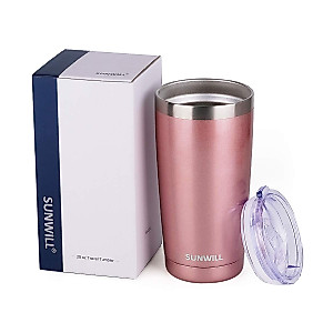 SUNWILL 20oz Tumbler with Lid, Stainless Steel Vacuum Insulated Double Wall Travel Tumbler, Durable Insulated Coffee Mug, Rose Gold, Thermal Cup with Splash Proof Sliding Lid