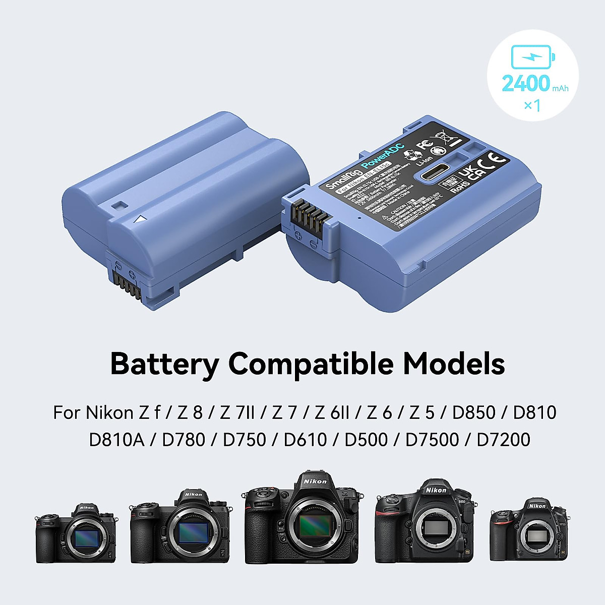 SMALLRIG EN-EL15C 2400mAh Camera Battery for Nikon Zf / Z8 / Z7 / Z6, USB-C Fast Charging Rechargeable Camera Battery for Z7 II, Z6 II, Z5, D850, D810, D810A, D780, D750, D610, D500, D7500-4332