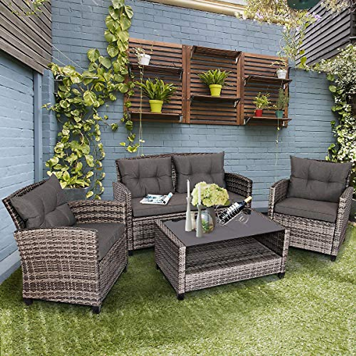 Tangkula 4 PCS Patio Wicker Conversation Furniture Set, Outdoor Rattan Sofa Set with Padded Cushion & Tempered Glass Coffee Table, Wicker Sectional Sofas & Table for Courtyard Balcony Garden (1, Grey)