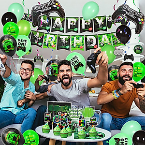 WODSMIN 254 PCS Green Video Game Party Supplies, Game Theme Decorations for Serves 10 Guests Plates, Cups, Hanging Swirls, Balloons, Banner, Cake Topper, Tablecloth and Backdrop for Birthday Party