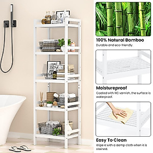Homykic Bamboo Bookshelf, 5-Tier Narrow 55.9” Adjustable Book Shelf Bookcase Bathroom Shelves Freestanding Storage Stand for Living Room, Bedroom, Kitchen, Rust Resistance, Easy Assembly, White
