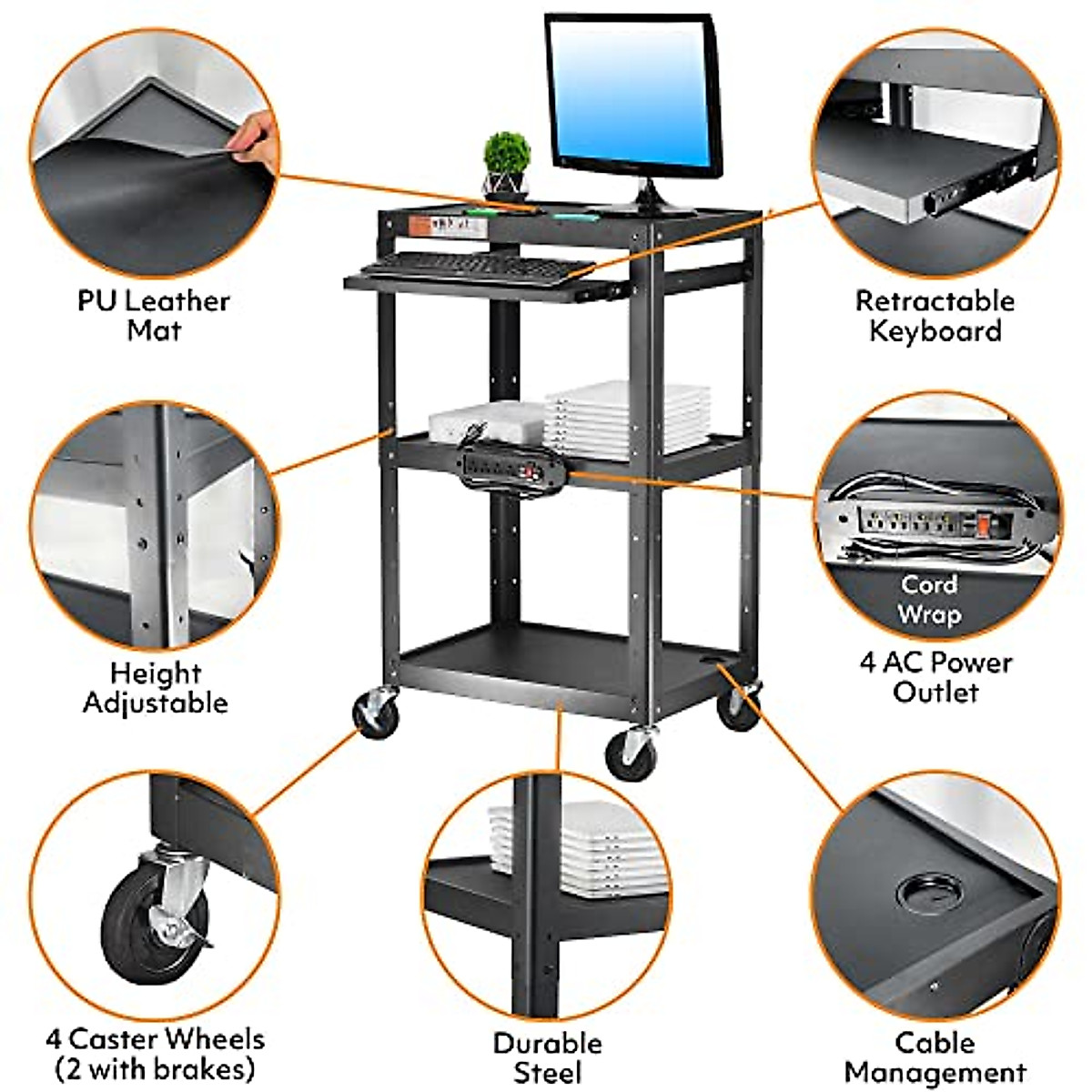 Steel AV Cart on Wheels - Rolling Projector Cart with Height Adjustable Shelf, Pullout Keyboard Tray, Power Strip, and Cord Management - Holds 300 lbs and Easy to Assemble (24'' x 18'' x 41'')