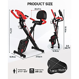 pooboo Folding Exercise Bike, Foldable Fitness Stationary Bike Machine, Upright Indoor Cycling Bike, 4-in-1 Magnetic X-Bike with 8-Level Adjustable Resistance, Bottle Holder, Arm Resistance Bands, Pulse Sensor & Back Support Cushion for Home Gym Workout (