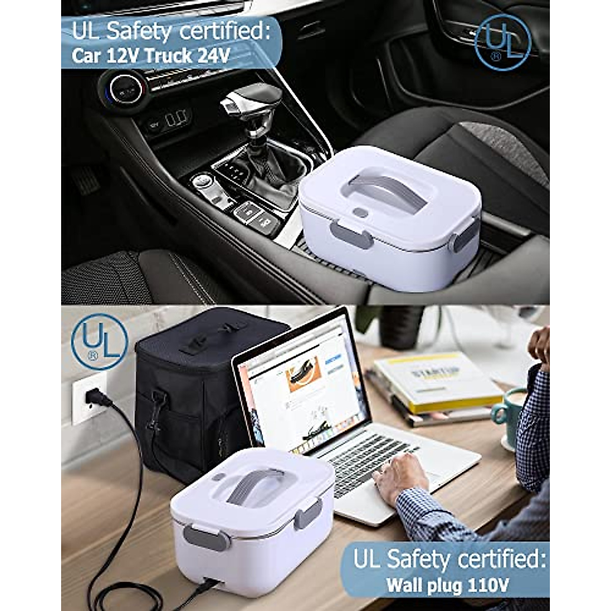 Rhudaky Electric Lunch Box (66 oz & 75W) Food Heater, 3 in 1 Heated Lunch Boxes for Adults,Portable Food Warmer -Self Heating Box for Work/Car/Truck with Large Insulated Lunch Bag