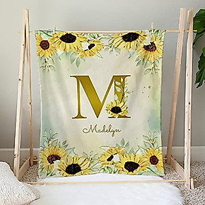 TOYSHEA Personalized Sunflower Blanket Name and Initial Letter Custom Throws Cozy Soft Blankets Fleece Sherpa for Women Girls Mom Daughter Grandma Kids Gift for Mother's Day Birthday Christmas