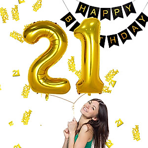 MOVINPE 21st Black Gold Birthday Party Decoration, Happy Birthday Banner, Jumbo Number 21 Foil Balloon, 2 Fringe Curtain, Latex Confetti Balloon, Table Confetti for Boy Girl Men Women Anniversary