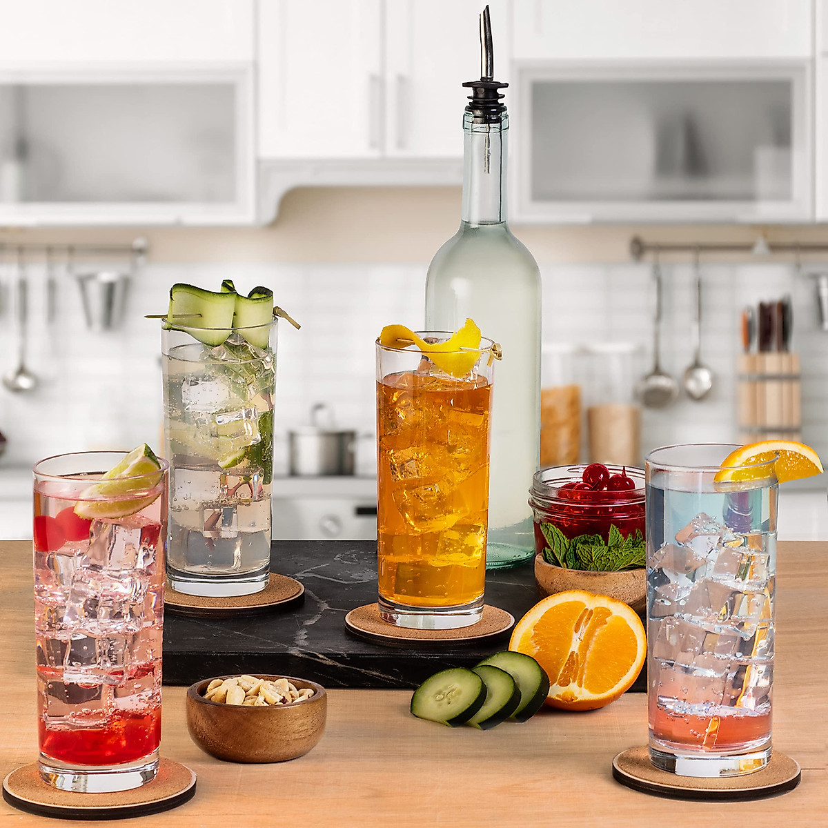 Obsidian Glassware Collins Glasses 14 Ounces - Seltzer Highball double Cocktail Glass Set of 4, Tall Skinny Strait Up Glasses.