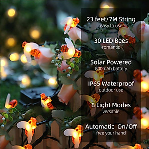 Metaku Solar Lights Outdoor Bee String Lights 23ft 30 LED Honeybee Lights Solar Powered 8 Modes Auto On/Off Christmas Lights Outdoor Waterproof Decorative Fairy Light for Patio Garden Gazebo Balcony