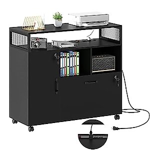 Tcpuolr Lateral File Cabinet with Charging Station, File Cabinet with Lock, Cabinets for Home Office, Mobile Filing Cabinet with Drawer, Printer Stand for A4, Letter Size and File Folders
