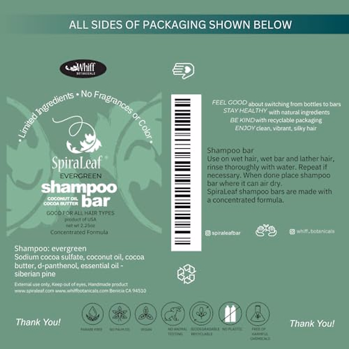 SpiraLeaf Shampoo & Shave Bar, Essential Oils, Limited Ingredients, Concentrated Formula, USA Made (Evergreen)