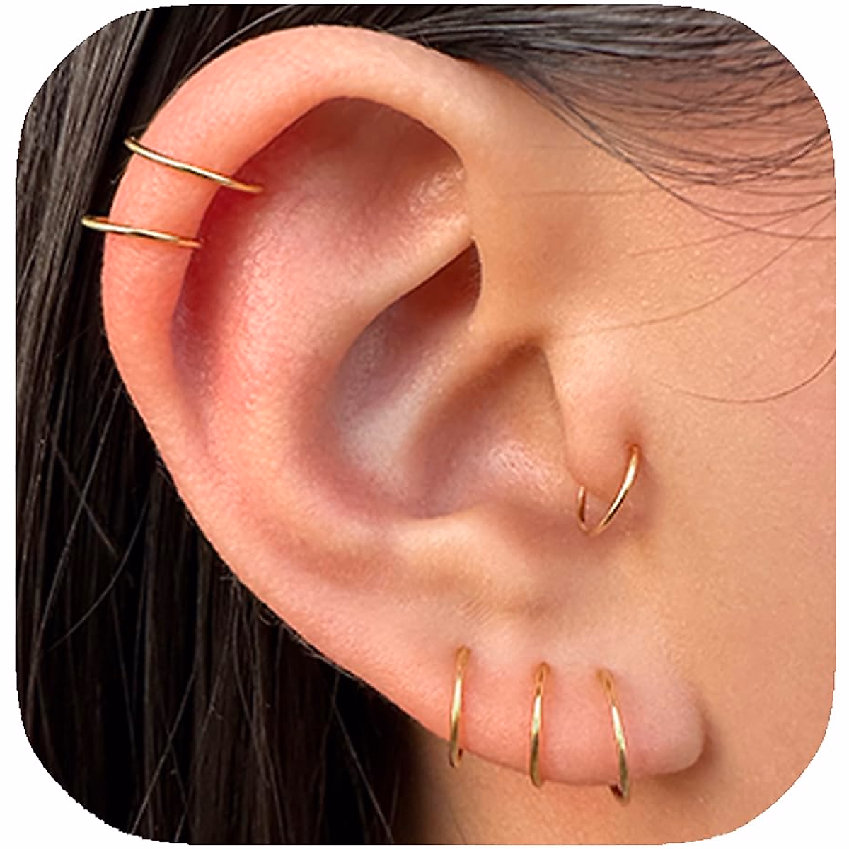 3 Pairs 14k Gold Plated Sterling Silver Small Hoop Earrings Set for Women Cartilage Nose Septum Helix Tragus Rings Multiple Piercing Jewelry, Hypoallergenic Thin Tiny Gold Hoops 6mm 7mm 8mm