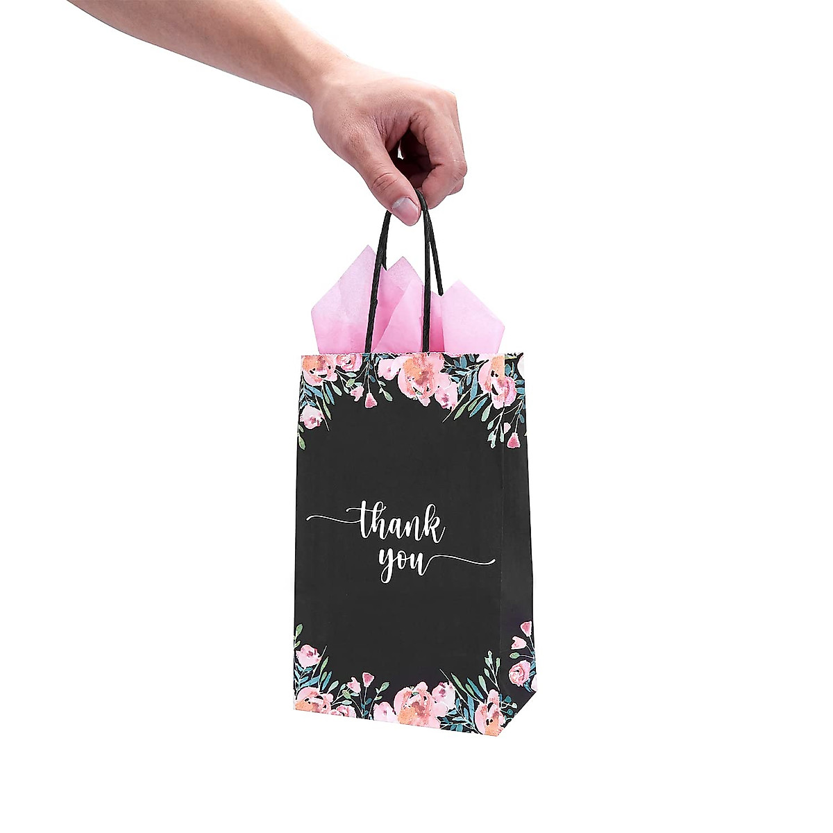 50 Pack Small Black & Floral Thank You Paper Gift Bags with Handles and 24 Sheets Pink Tissue Paper for Small Business, Shopping, Wedding, Baby Shower, Party Favors ( Small 9''x5.5''x3.15'', Black Floral)