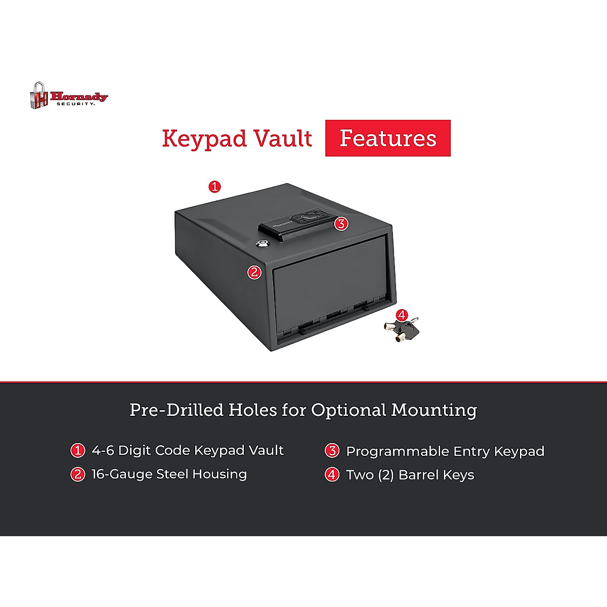 Hornady 1 Gun Keypad Vault Safe with Keypad Entry – Secure Your Firearms and Valuables – 4-6 Keypad Entry, Interior Light and Backup Keys – Black, 12.7 (H) x 9 (W) x 5.25 (D) Inches – Item 95433