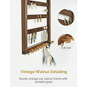 Mymazn Easy Assemble Solid Walnut Wood Earring Wall Holder Hanging Jewelry Organizer Necklace Holder Earring Hanger Wall Mount Jewelry Organizer for Necklaces Rings Scruncies Organization